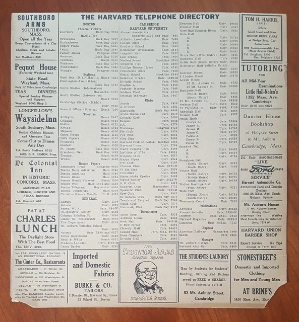 RARE * 1918 * HARVARD University Telephone Directory * Boston ...