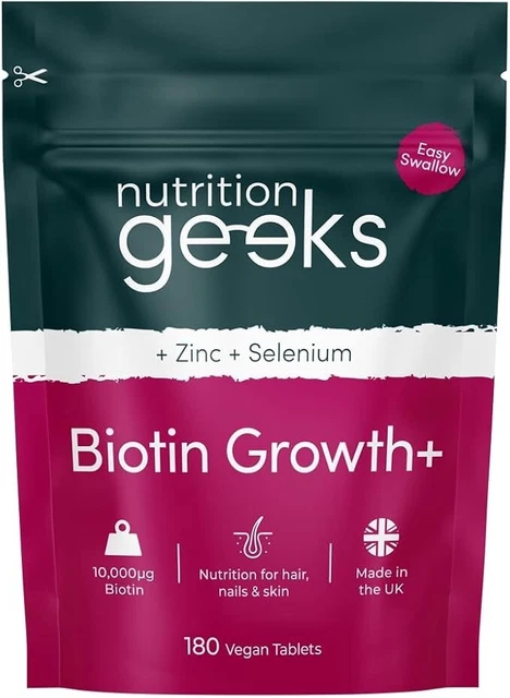 NUTRITION GEEKS BIOTIN Hair Growth Supplement - 10000 mcg (180 Vegan ...