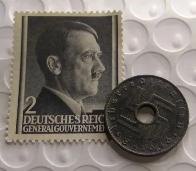 WW2 1940D NAZI Germany Reichspfennig SWASTIKA Zn Hole Coin & Stamp. £ ...