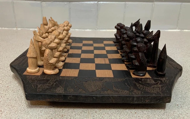 STUNNING WOODEN MONKEY Figures Chess Set Hand Carved Board/ Wood From ...