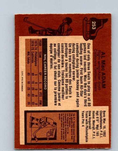 VINTAGE HOCKEY CARD O-PEE-CHEE 1975 CALIFORNIA GOLDEN SEALS AL MacADAM ...