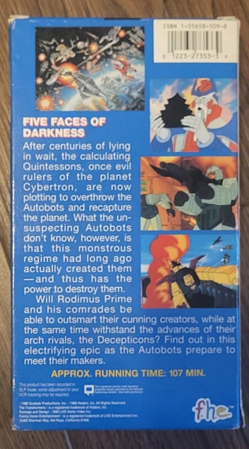 TRANSFORMERS &FIVE FACES Of Darkness" Original VHS RARE NICE!! 1986 FHE ...
