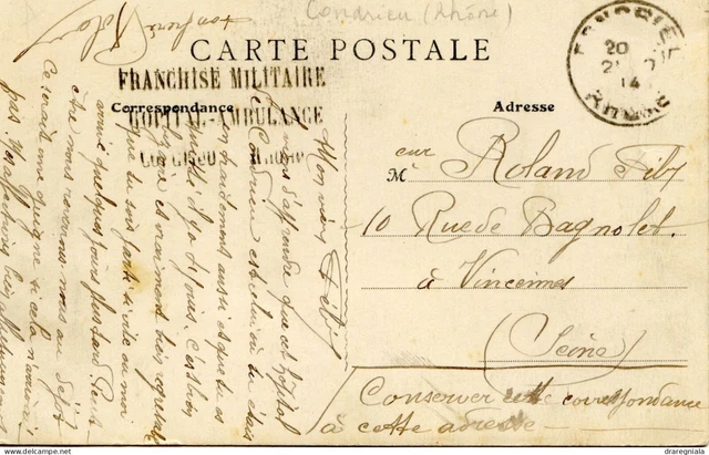 CACHET HÔPITAL AMBULANCE Condrieu Rhône CAD 21 7 1914 CPA Condrieu le ...