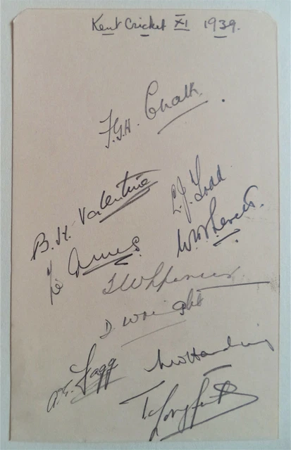 KENT COUNTY CRICKET Club 1939 Last Pre-War Season Autograph Team Sheet ...