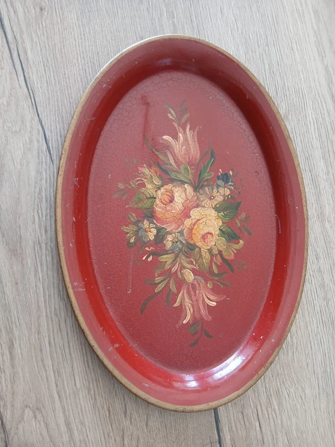 ANCIEN PLATEAU OVALE En Tôle Napoléon III -Peinture Fleurs - diamètre ...