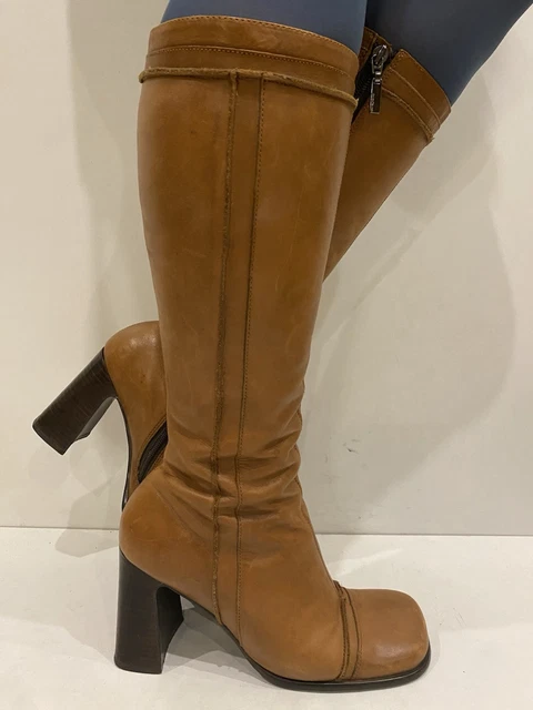 VINTAGE RIVER ISLAND Y2K Tan Brown Distressed Leather Knee High Boots ...