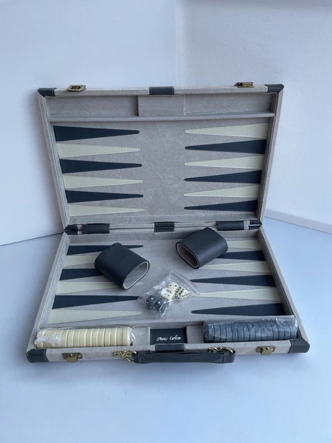 BACKGAMMON SET IN Carry Case Anne Carlton Grey Vinyl & Faux Suede ...