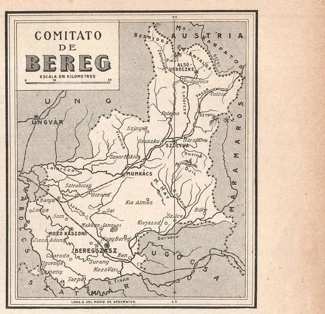 CARTA GEOGRAFICA ANTICA COMITATO di BEREG piccola mappa Berehove ...