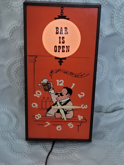 VINTAGE BAR IS Open Bartender Light Up Clock Spartus Made In USA 14.5 ...