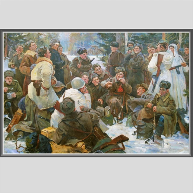 OIL PAINTING WW2 USSR Soldiers 1950 Soviet Realism /Respite after ...