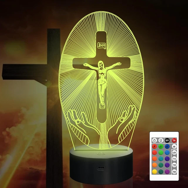CROSS 3D NIGHT Light, Jesus Illusion Hologram Lamp 16 Color Changing ...