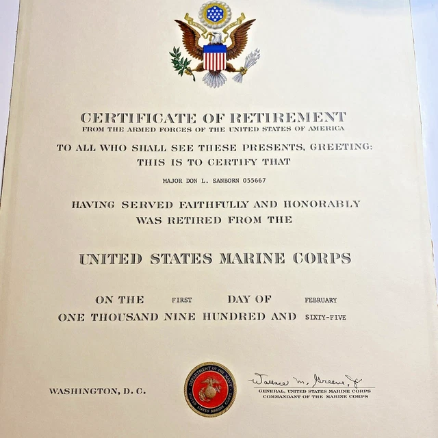1965 USMC RUHESTANDSBESCHEINIGUNG US MARINE CORPS für MAJOR-14x11 EUR ...