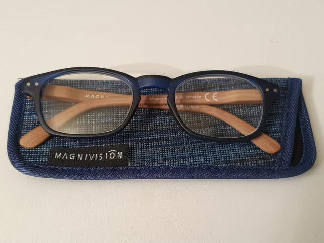 MAGNIVISION - WINSTON Blue - Reading Glasses Wood Effect Arms + Case ...