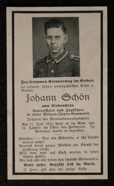 STERBEBILD UNTEROFFIZIER JOHANN Schön, 2. Weltkrieg, Gefallen Juli 1944 im Osten EUR 5,00 ...