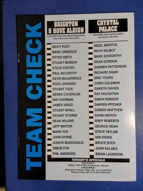 PRE-SEASON FRIENDLY BRIGHTON v Crystal Palace 25th July 1995 Vgc £3.31 ...