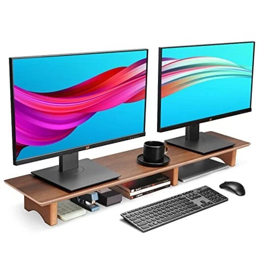LARGE MONITOR STAND Riser, Solid Wood Desk Shelf with Eco Dual Black ...
