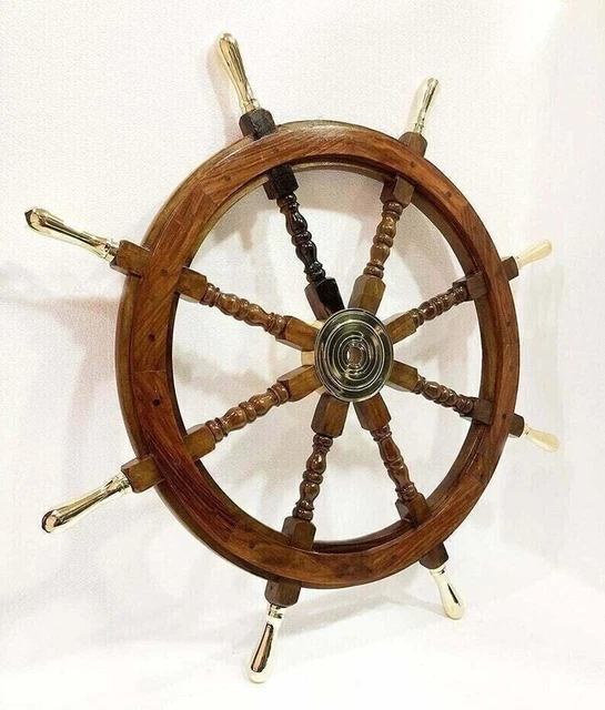 VOLANT DE BATEAU nautique en laiton 36" volant en bois fait main cadeau décor... EUR 212,70 ...