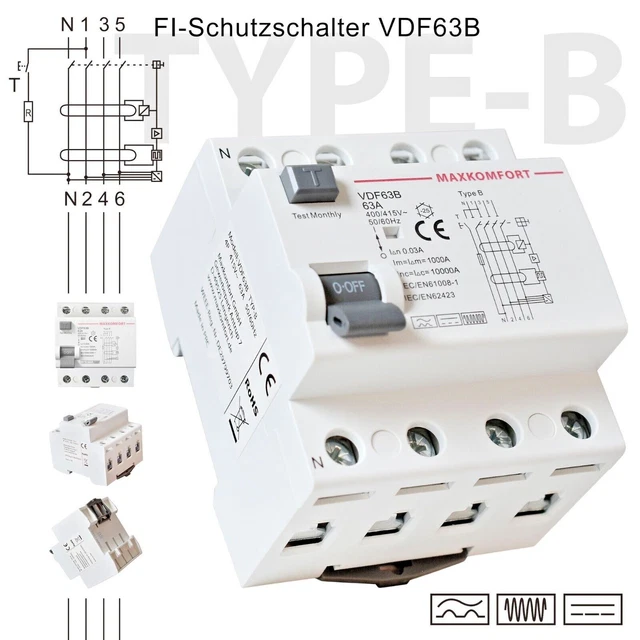 FI FEHLERSTROMSCHUTZSCHALTER / RCD Typ B 63A 30mA 4-Polig ...