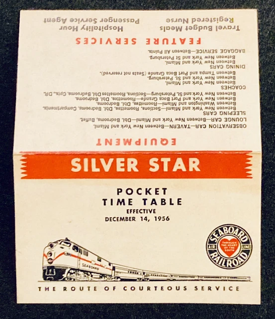 VINTAGE 1956 SEABOARD Railroad Silver Star Pocket Folding Time Table NY ...