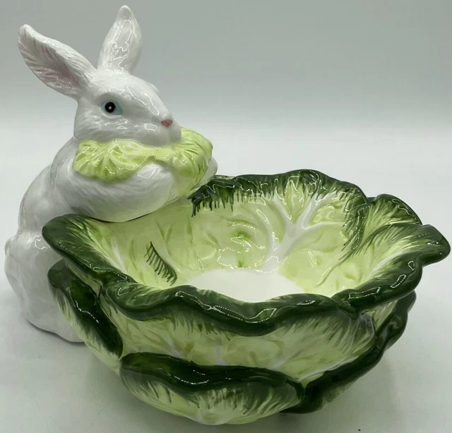 VINTAGE DEPT 56 Ceramic Bunny Rabbit Cabbage Candy Trinket Dish Dip ...