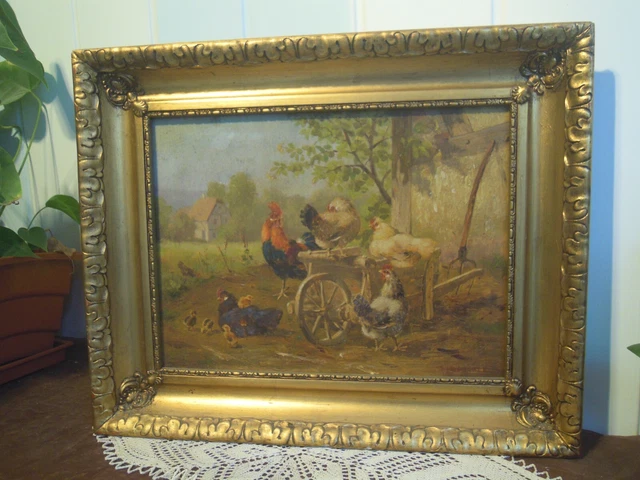 GEMÄLDE BILD ÖL antik mit hühnern und tauben.gemalt von j.hofbauer EUR 300,00 - PicClick DE