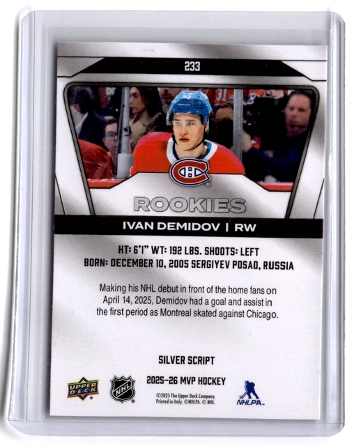 2025-26 UD MVP Hockey Ivan Demidov RC Rookie Silver Script #233 $95.00 - PicClick CA