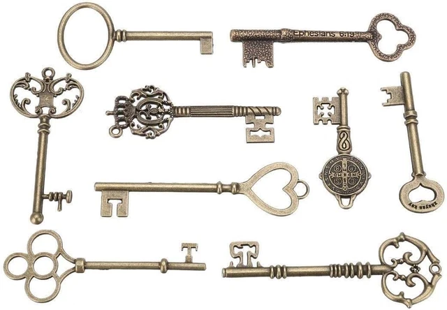 9PCS BIG LARGE Antique VTG Old Brass Skeleton Keys Lot Cabinet Barrel ...