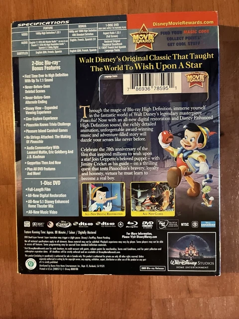 PINOCCHIO 70TH ANNIVERSARY Blu-Ray 2 Disc Platinum Edition Disney $12. ...