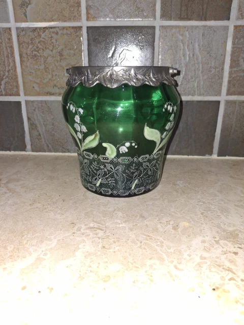 SEAU À BISCUITS pot en verre LEGRAS décor émaillé muguet Art Nouveau C ...