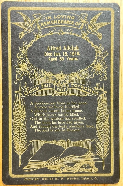 1918 VICTORIAN MOURNING Card Alfred Adolph Aged 69 AMISH Remembrance ...