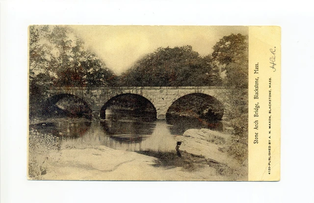 TOWN OF BLACKSTONE MA Mass triple stone arch bridge, antique postcard £ ...