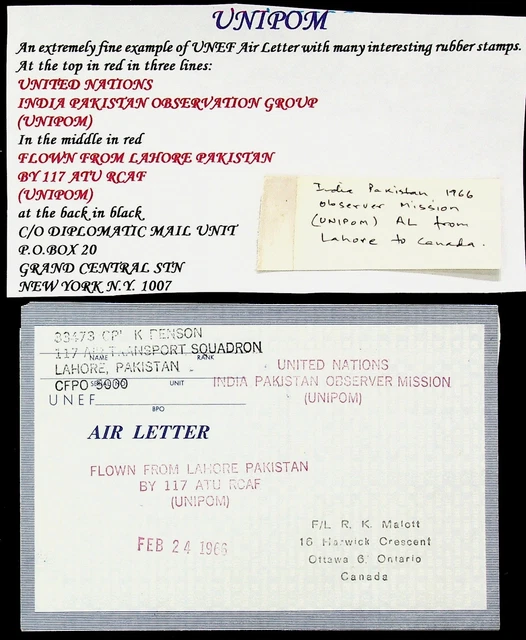 SEPHIL INDIA PAKISTAN 1966 Un Observer Mission Unipom Al From Lahore To ...