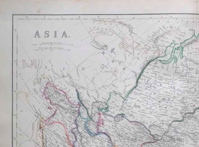 1864 HAND COLOURED Map Asia Arabia Hindostan China Japan Mongolia ...