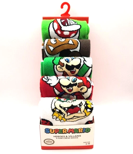 MARIO SOCKS NINTENDO Super Mario Heroes And Villains 5 Pack Crew Mens ...