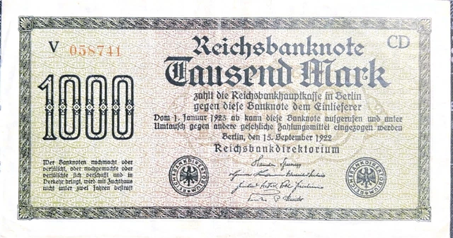 GELDSCHEIN, REICHSBANKNOTE, 1000 Mark, 1922 EUR 2,00 - PicClick DE