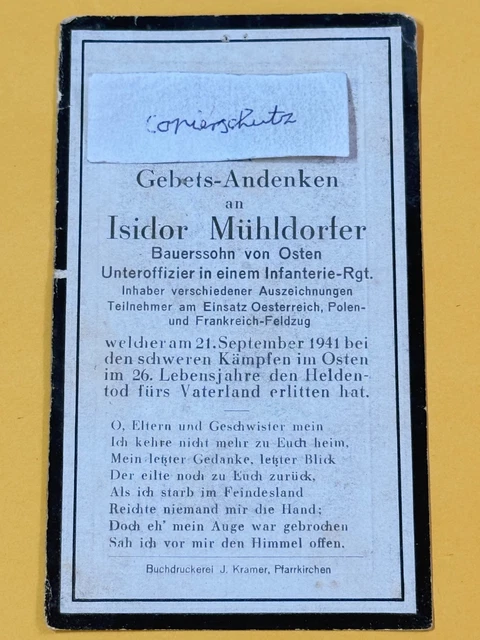 STERBEBILD 2WK.UFFZ I e Inf-Rgt-Inh Verschiedener Auszeichnungen 1941 ...