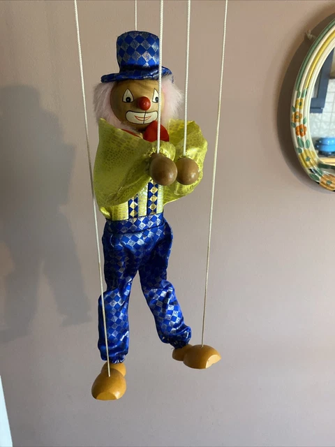 VINTAGE MARIONETTE STRING PUPPET Wood Wooden & Material CLOWN 15’’ Tall ...