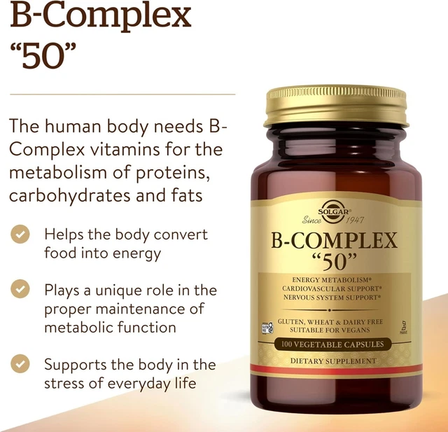SOLGAR VITAMIN B-COMPLEX 50 High Potency 100 Vegan Capsules Energy £21. ...