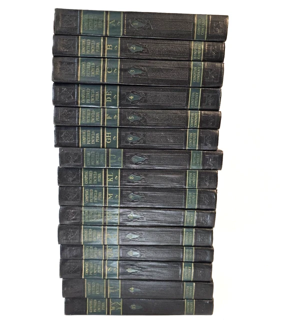 VINTAGE COMPTONS PICTURED Encyclopedia Embossed Full Volume set 1-15 £ ...