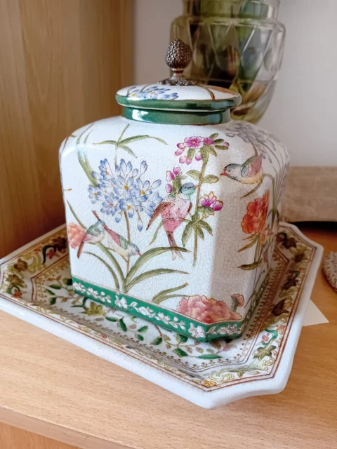 BACOVA LIDDED GINGER Jar with Underplate Hua Rong Tang Zhi Hand Painted ...