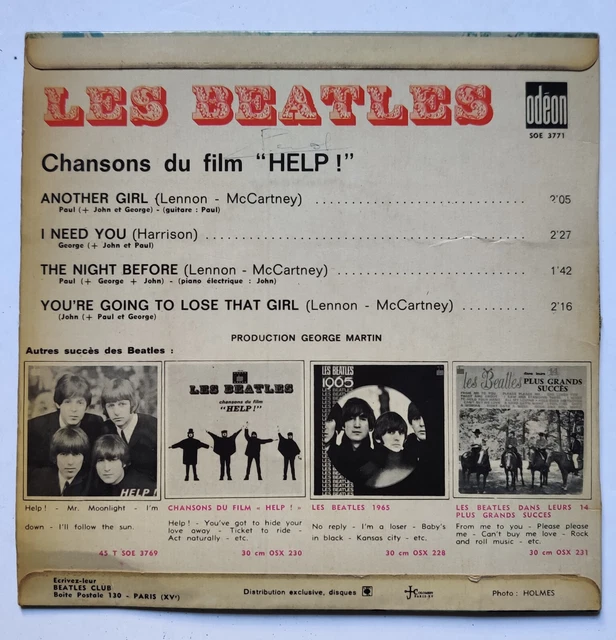 THE BEATLES CHANSONS du film HELP! Orig French EP ODEON BIEM 1965 $15. ...