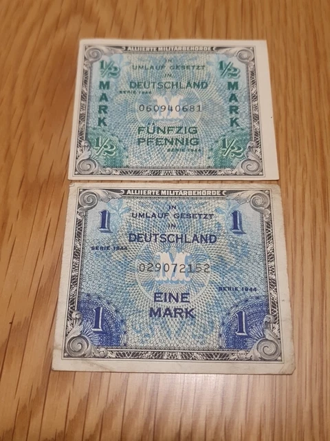 1944 WWII GERMAN Allied Military 1/2 Mark & 1 Eine Mark Geldscheine EUR ...
