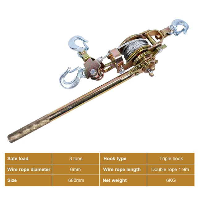 3 TON WIRE Rope Ratchet Hand Winch Puller 3 Hooks Trailer Truck Hoist ...