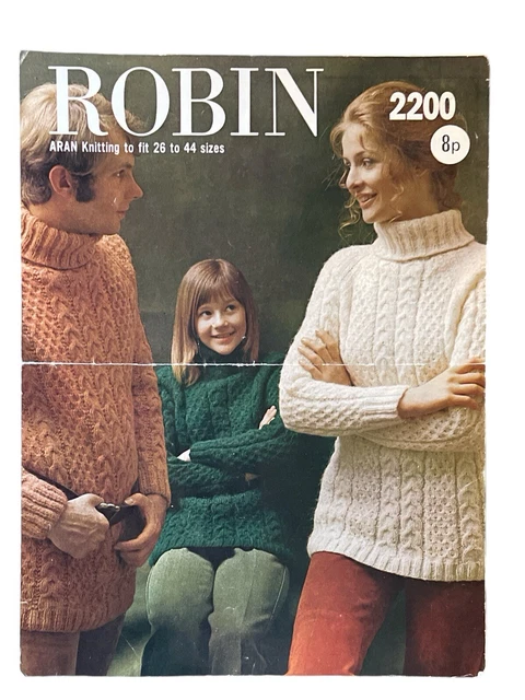 K88# VINTAGE ROBIN Family Sweater Aran Knitting 26-44” Knitting Pattern ...