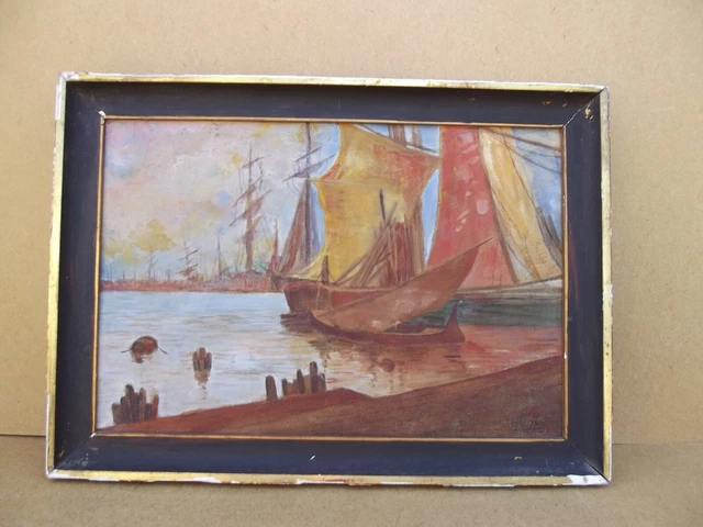 ANCIEN TABLEAU HUILE sur carton port bateau signé Talma EUR 39,00 - PicClick FR