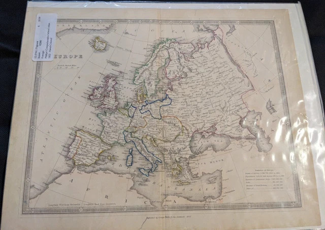 Map Of Europe Philips Comprehensive School Atlas 1852 Hand Coloured £49
