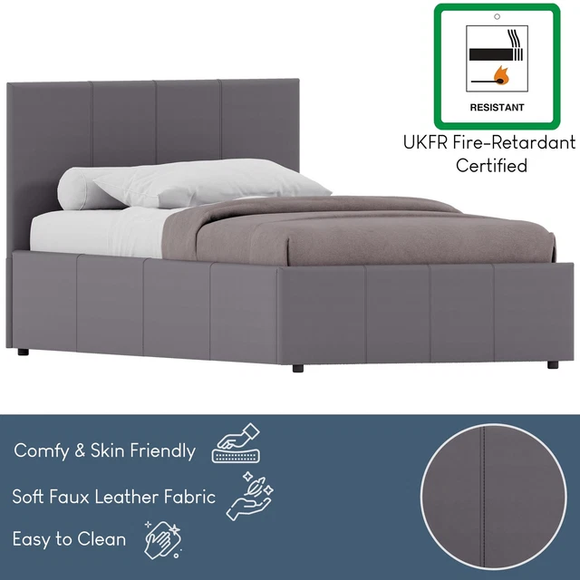 VIDA DESIGNS LISBON Ottoman Faux Leather Bed Grey (Single 3Ft No ...