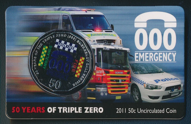 AUSTRALIA: 2011 TRIPLE Zero 000 Emergency 50c Coloured Coin in RAM Card ...