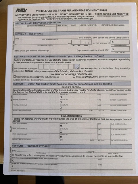 DMV REG 262 Form Pack Of 250 Vehicle / Vessel Transfer and Reassignment ...
