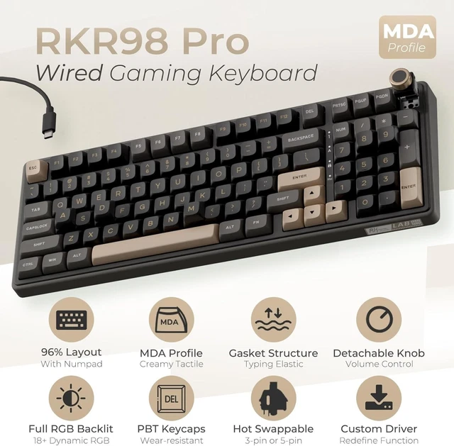 RK ROYAL KLUDGE R98 Pro Mechanical Keyboard Wired Cream Switch Key ...